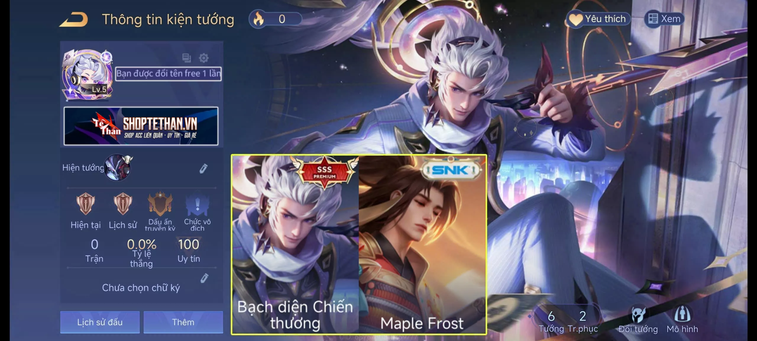 Acc #42720: ACC REG LQ: Nakroth bạch diện chiến thương full phụ kiện + Ryoma maple frost, sẵn ...